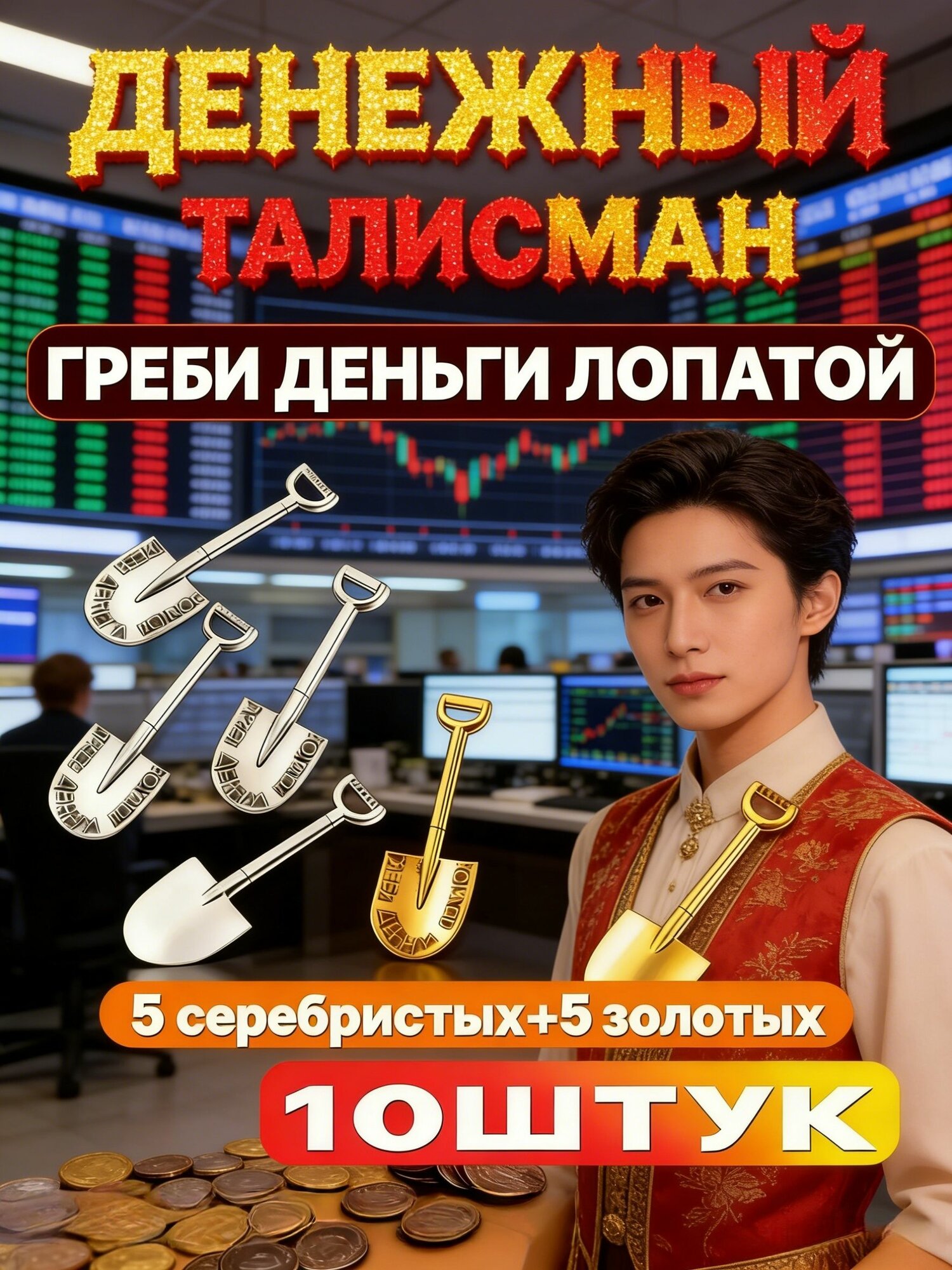 Денежный талисман Греби деньги лопатой, 5 золотых и 5 серебряных лопаток, для привлечения богатства