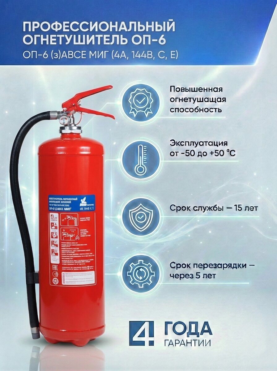 Профессиональный порошковый огнетушитель ОП-6(з) Миг 4А,144В, С, Е.