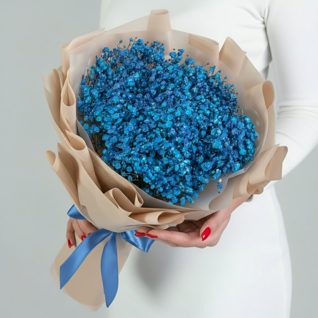 Букет Мегацвет24, Синие Гипсофилы, 9 цветов, дизайнерская упаковка