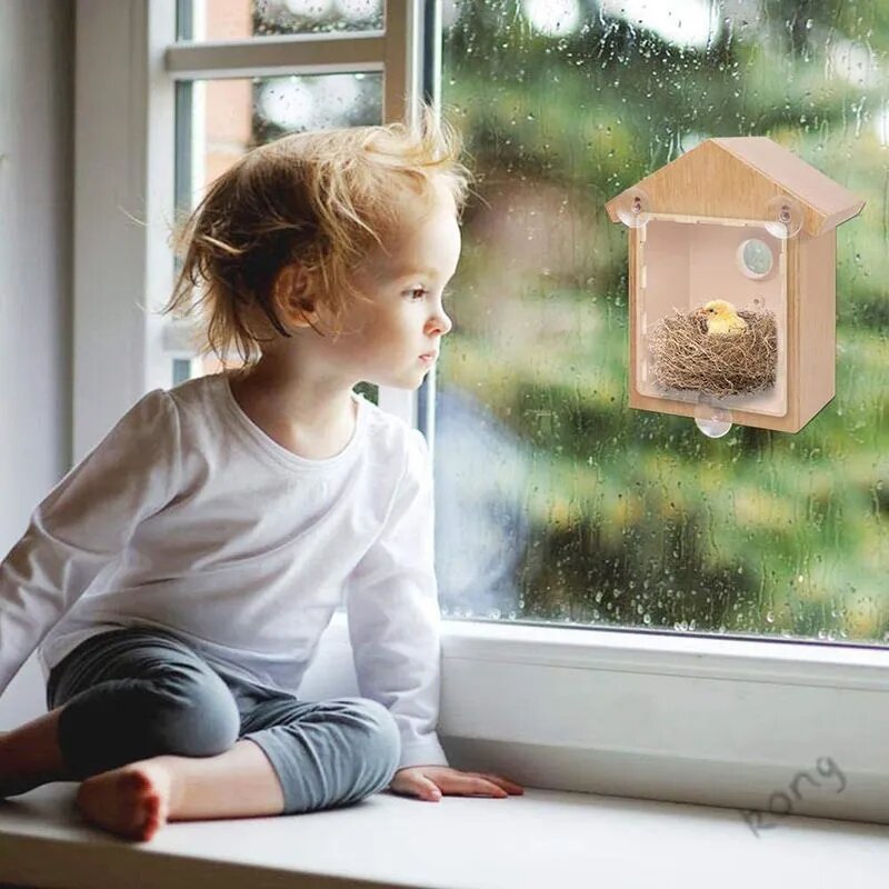 Кормушка для птиц деревянная, оконное крепление, коричневый цвет, для сада и дома — фото 1