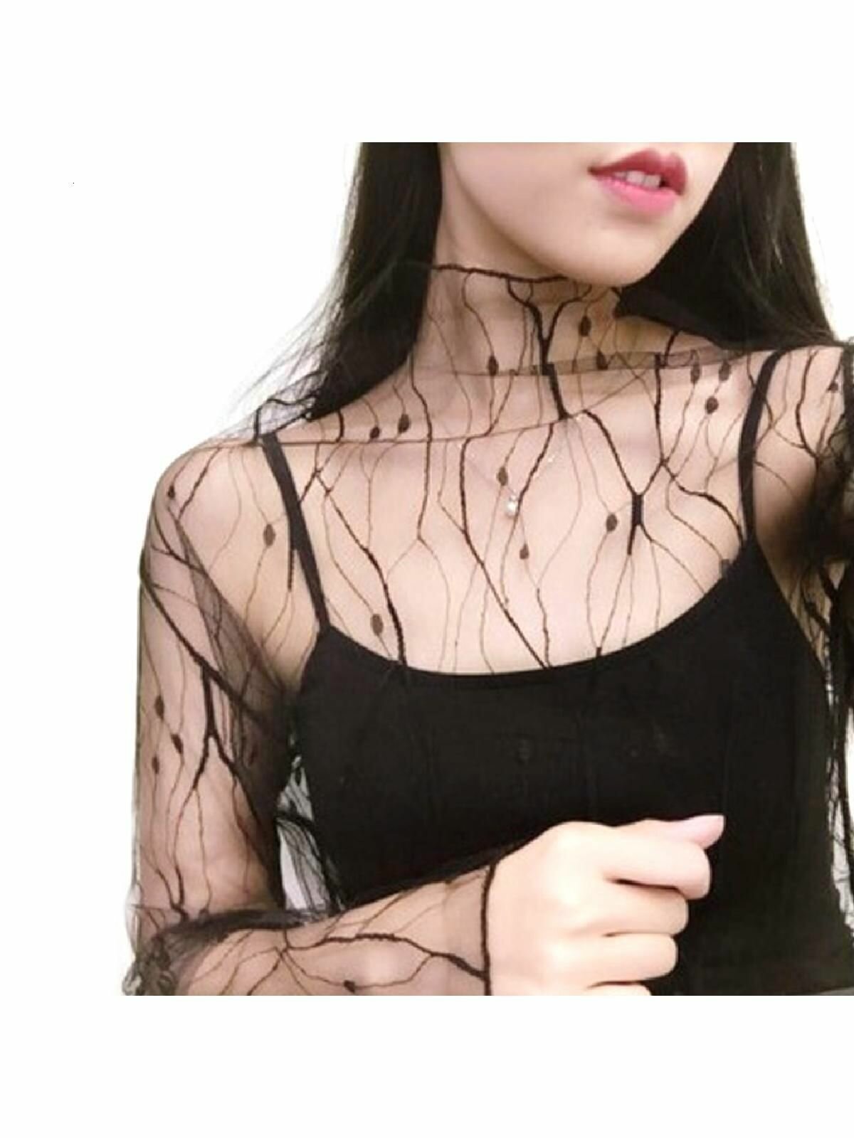 Женская весенняя прозрачная сетчатая блузка с кружевным узором, Листья