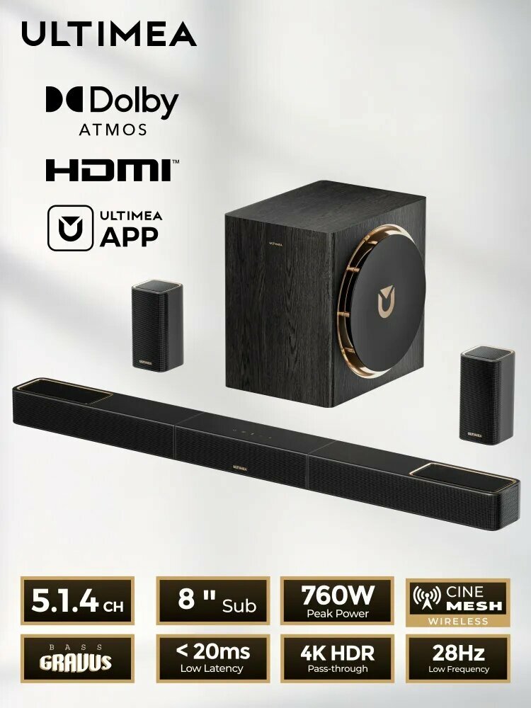 ULTIMEA Саундбар Skywave X50 Dolby Atmos 5.1.4, 760 Вт, 8" сабвуфер, полное погружение в звук
