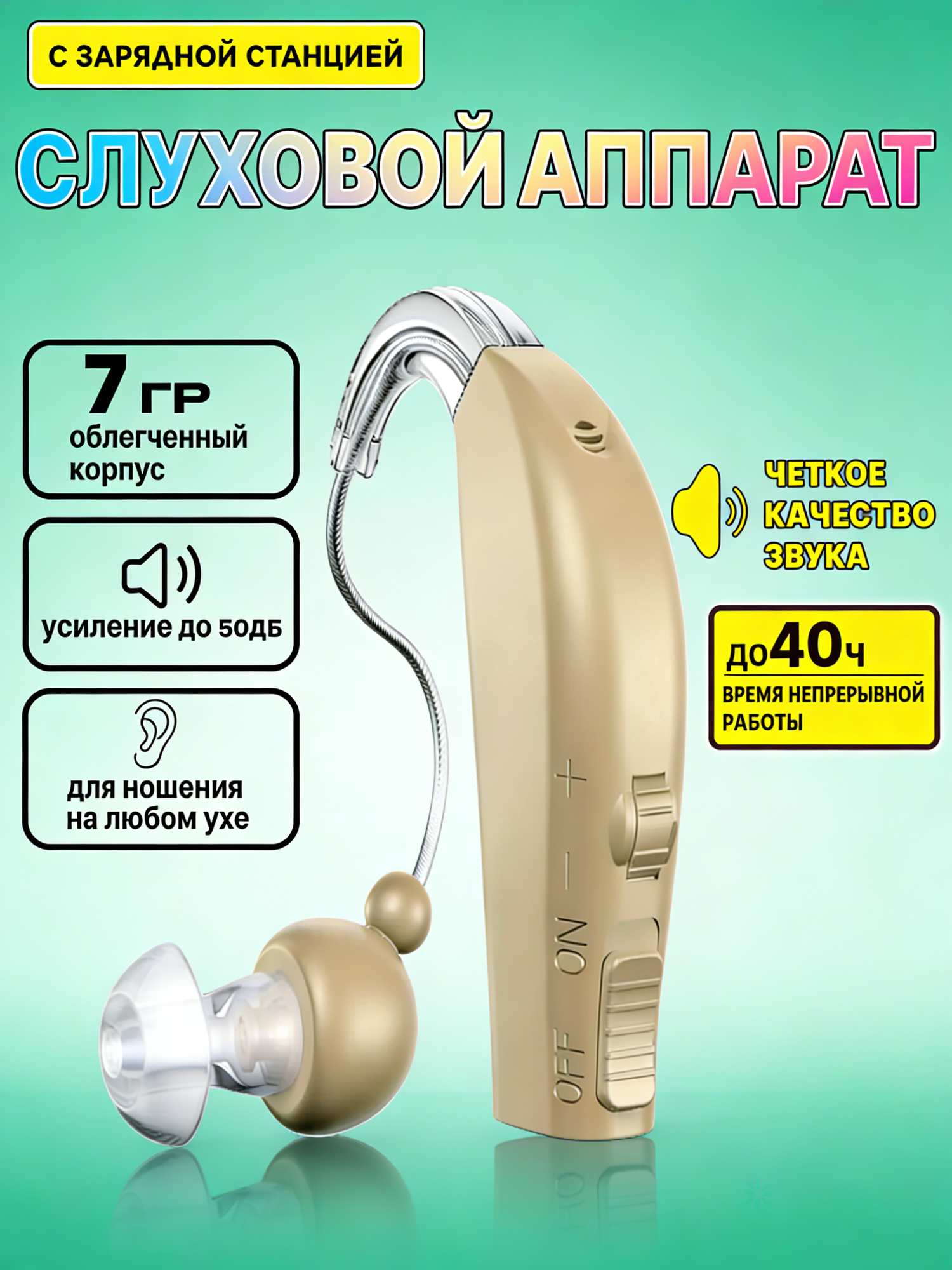 Слуховой аппарат, усиление звука до 30Х, влагозащита, мягкие амбушюры