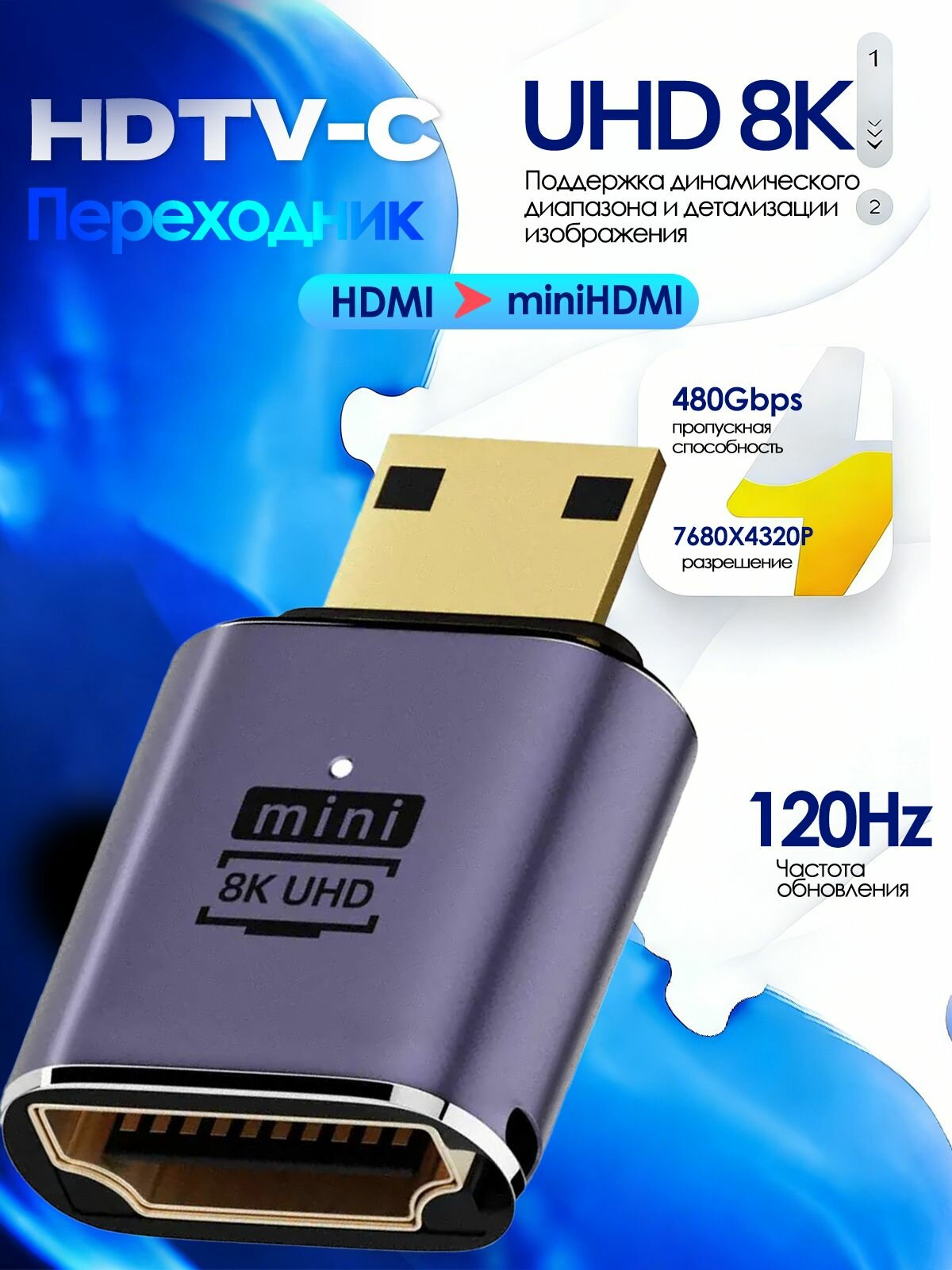 Переходник HDMI (F) - mini HDMI (M) 2.1, UHD - 8K/60Hz