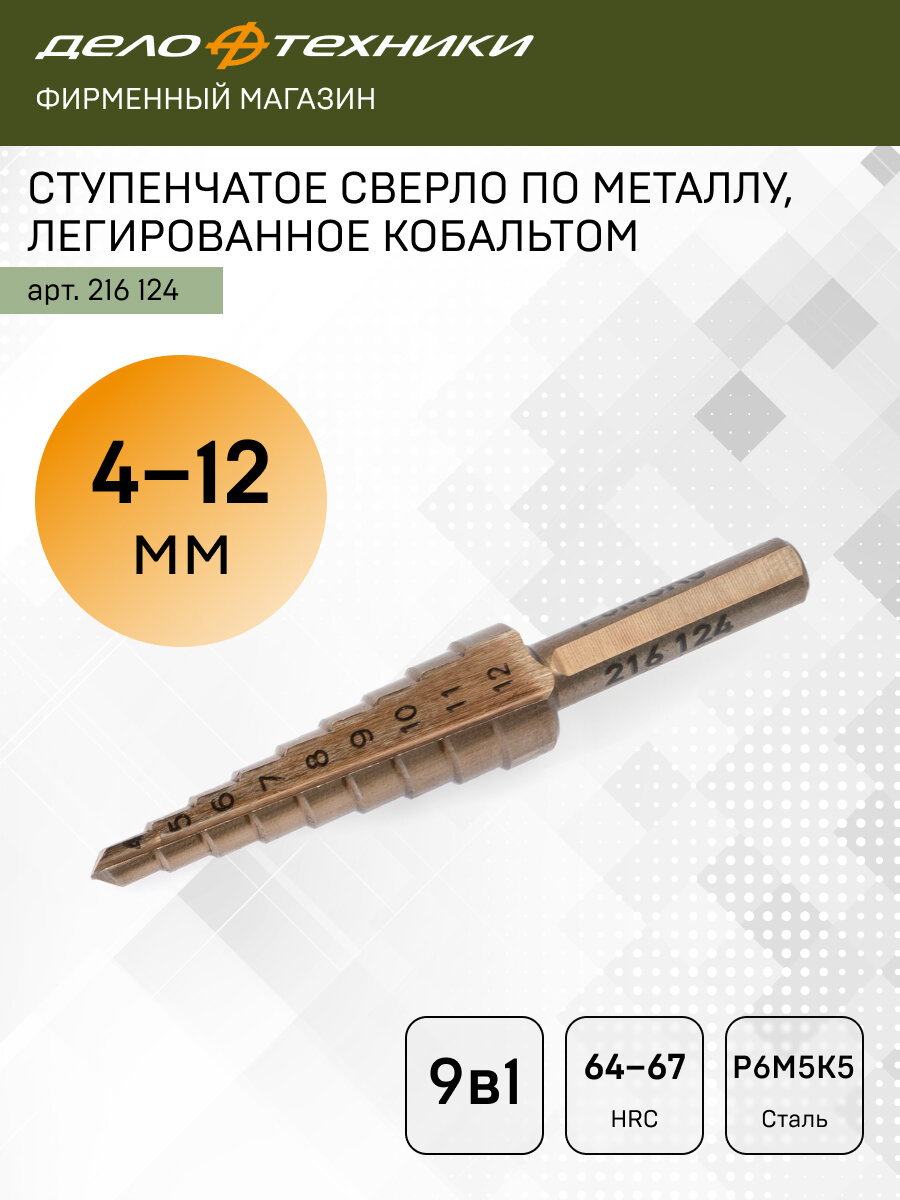 Сверло ступенчатое по металлу Дело Техники Ø4 - 12 мм, 216124
