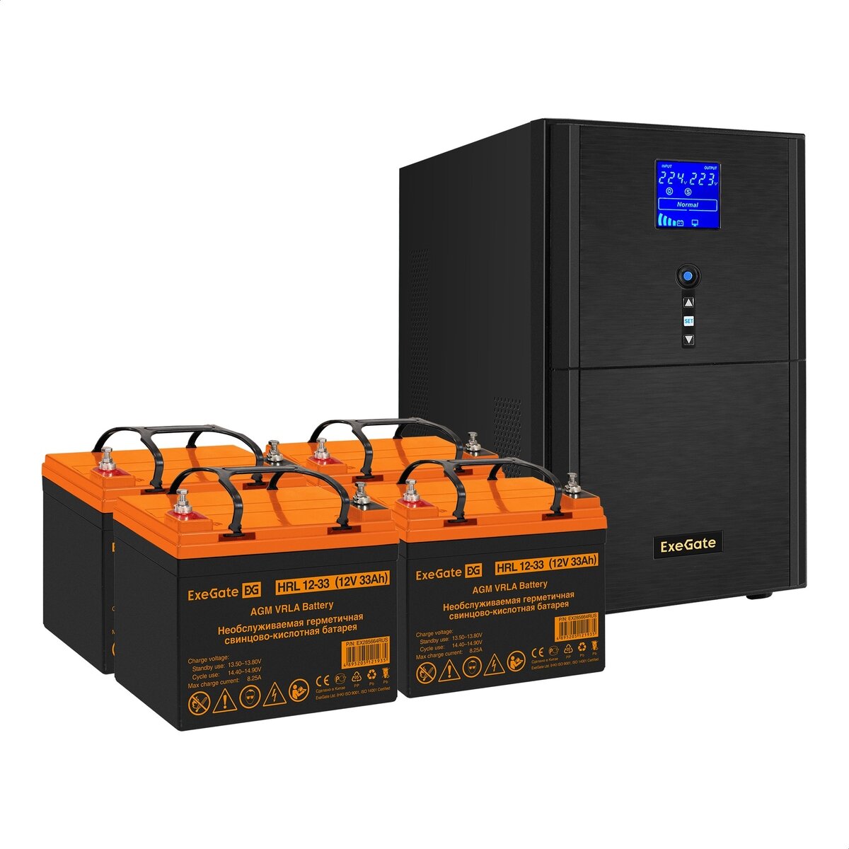 Комплект ИБП ExeGate SineTower/SZ-5000/LCD. AVR.2SH.1C13. T. RJ. USB (EX296884RUS) + батарея 33Aч, 4 шт, черный