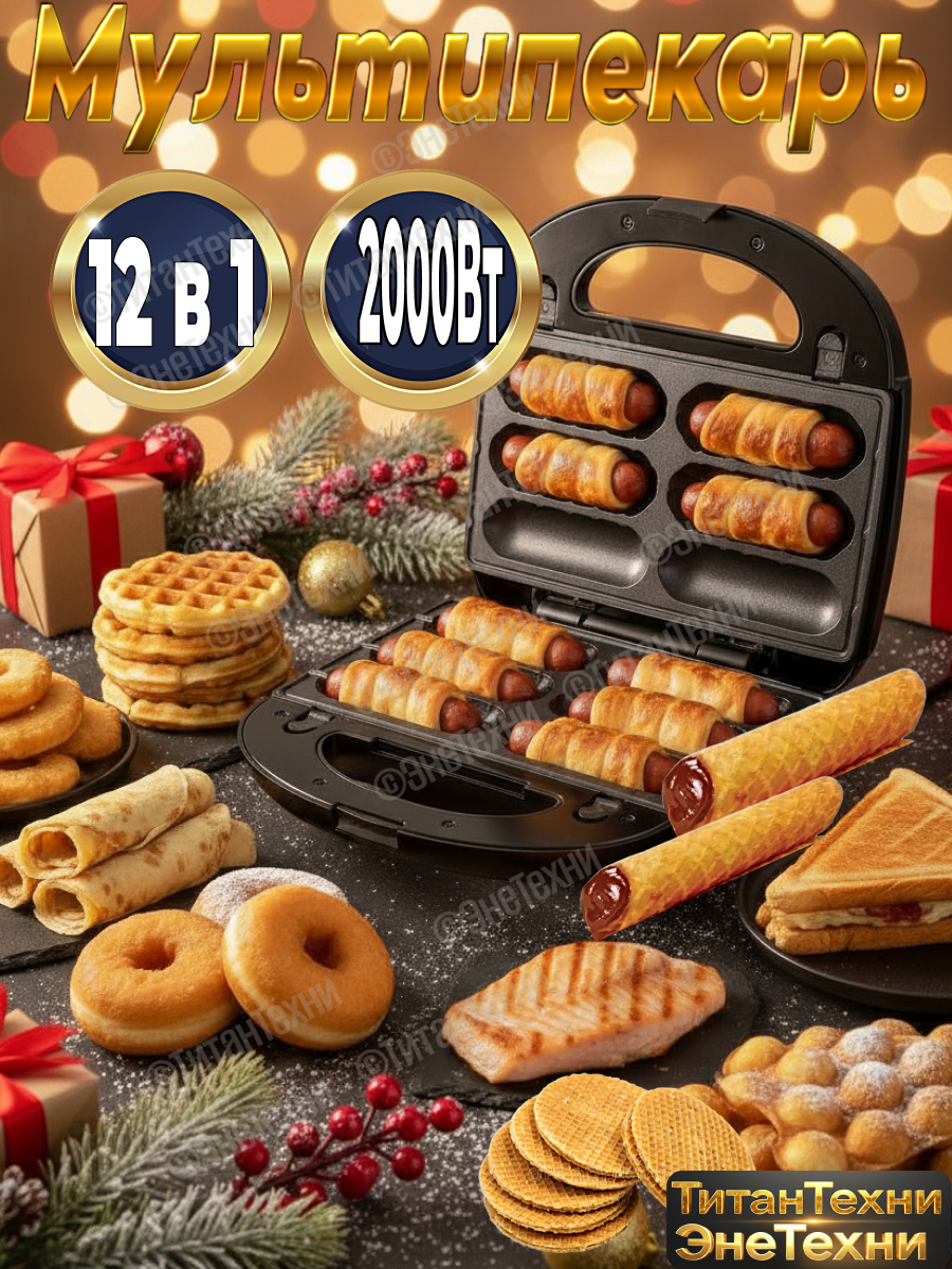 Мультипекарь орешница 12-в-1, 2000 Вт, 12 сменных панелей, приготовление без масла, вафли, пончики, гриль, сэндвичи, тарталетки, антипригарное покрытие