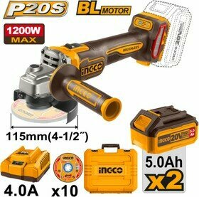 Шлифмашина угловая аккумуляторная INGCO CAGLI2211532, 20 В, диск 115/125 мм, до 9000 об/мин, 2 АКБ и ЗУ в комплекте