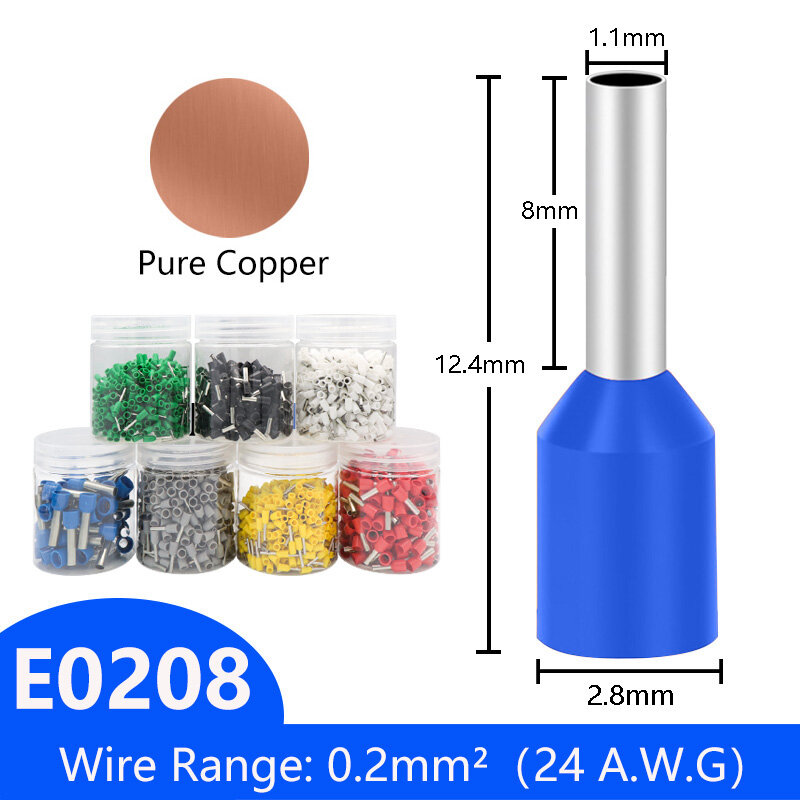 500 шт. E0208 чистый медный концевой зажим для провода Трубчатый обжимной зажим
