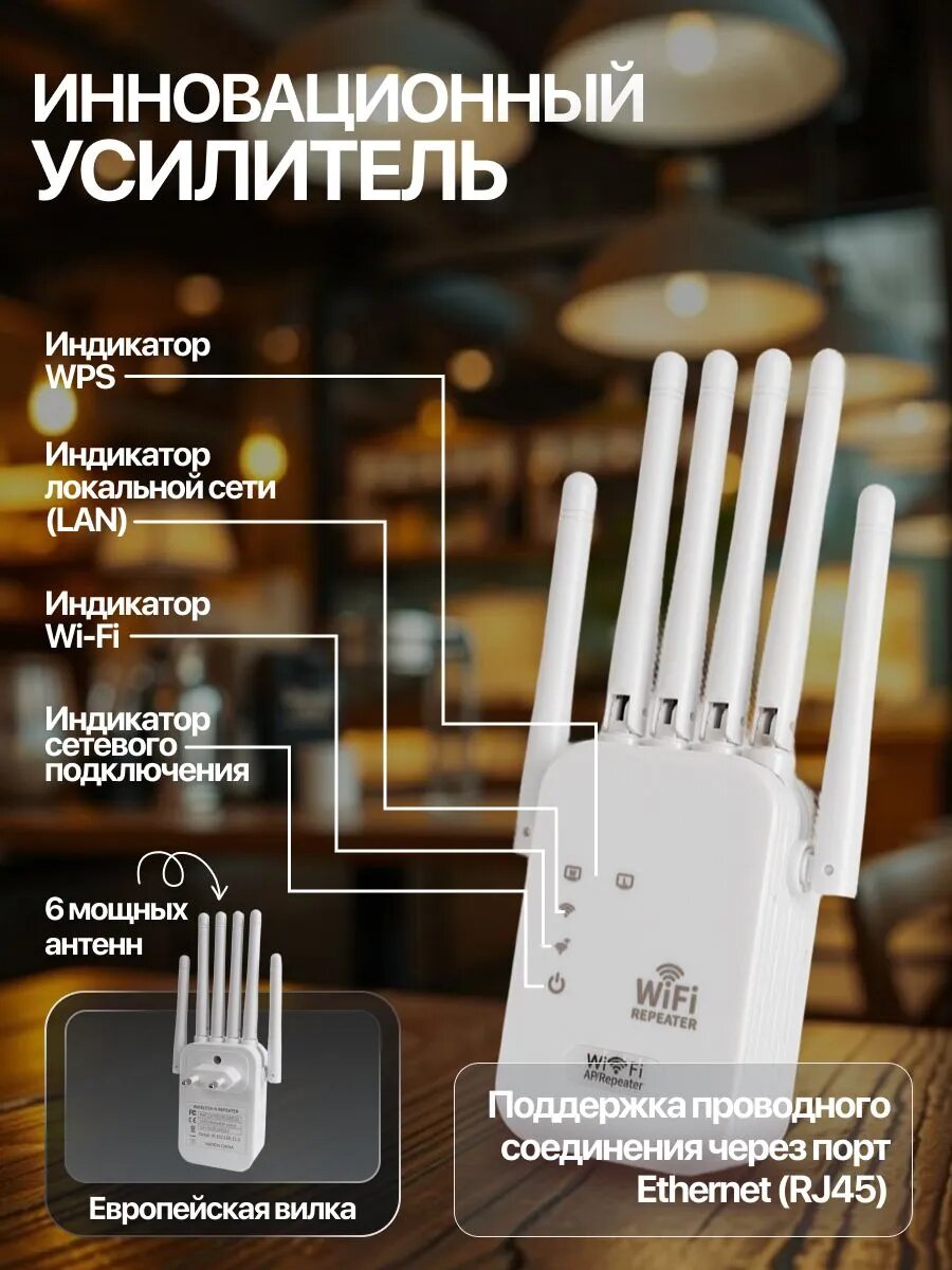 Усилитель сигнала Wi-Fi, 2.4 ГГц/5ГГц, 1200 Мбит/с, 6 антенн