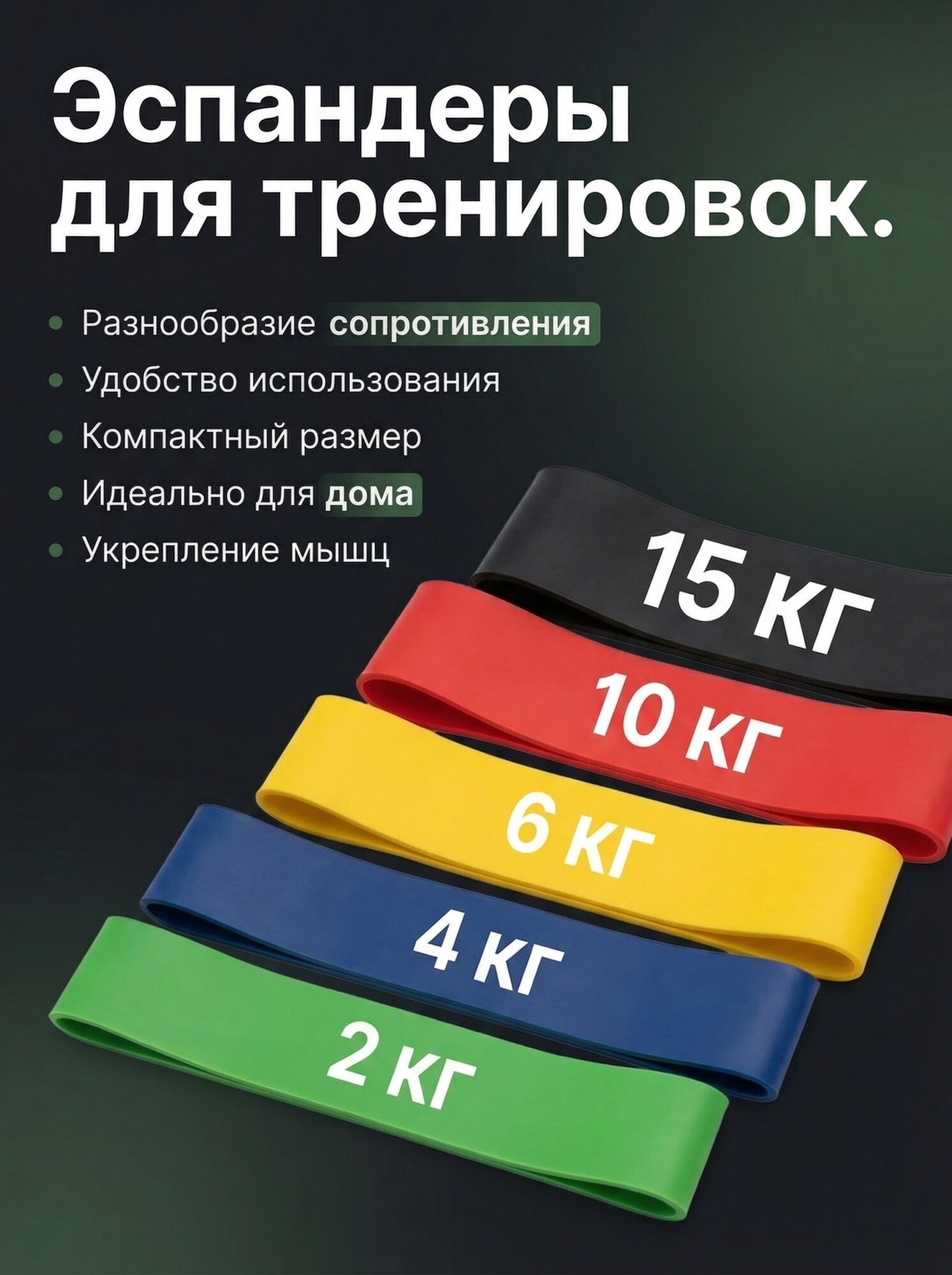 Фитнес-резинки "Резинки для фитнеса", набор из 5 штук, 40 кг, разноцветные