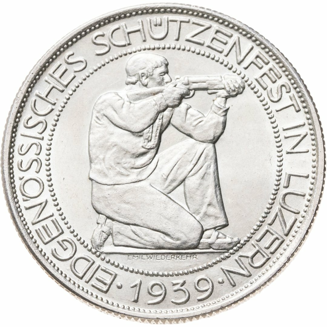 Швейцария 5 франков 1939 "Стрелковый фестиваль в Люцерне", Серебро 835, в сохранности UNC