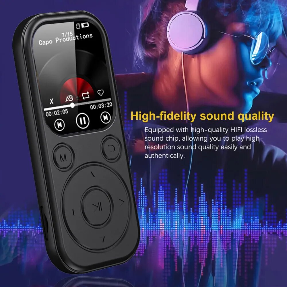 MP3-плеер с FM-тюнером и диктофоном, черный. Поддержка Bluetooth 5.4, для воспроизведения аудио — фото 1