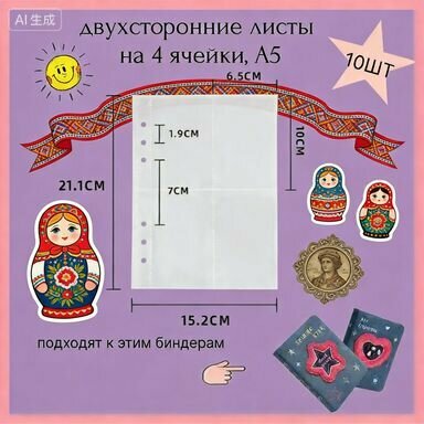 Двухсторонние листы на 4 ячейки для биндера k-pop карточек, 10шт , прозрачные карманы для хранения