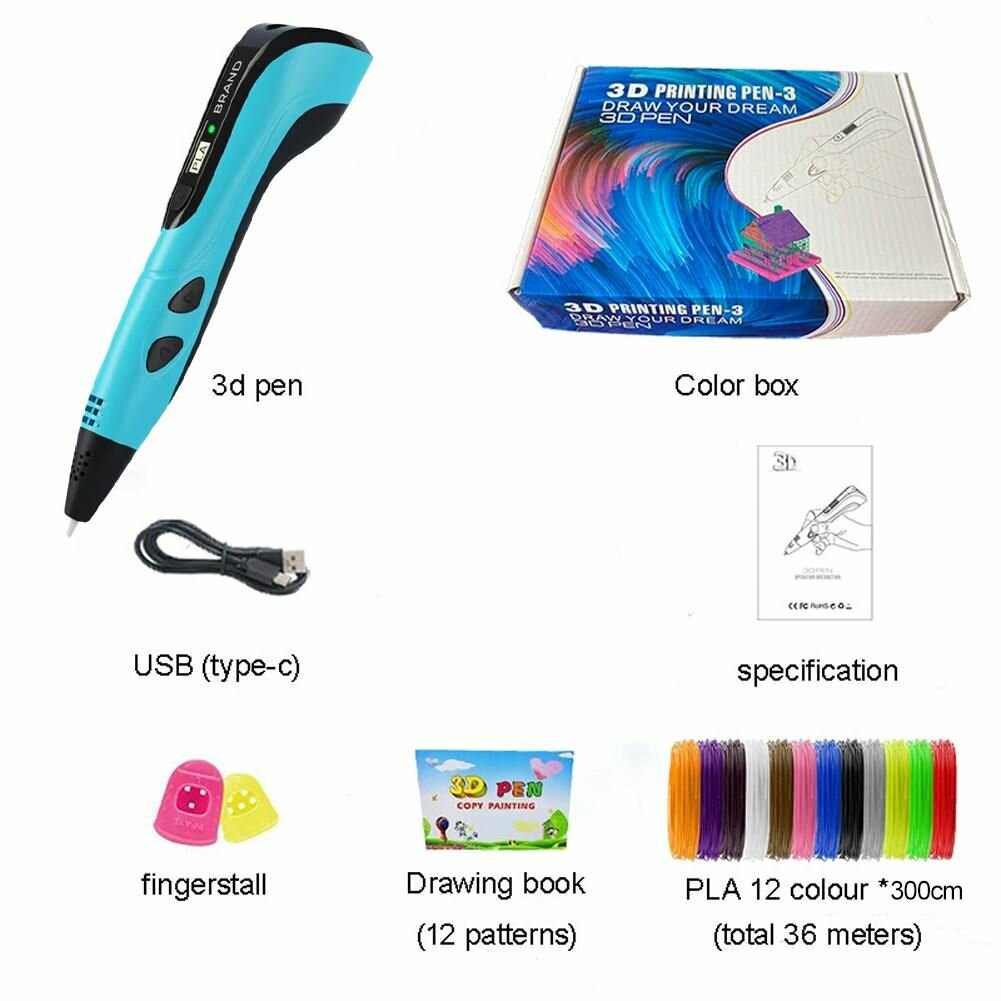 3D ручка 3D BABY PEN-3 мир фантазий в твоих руках с трафаретами + коврик + стержни + шомпол, синяя. 3Д Ручка для детей, школы, дома, творчества