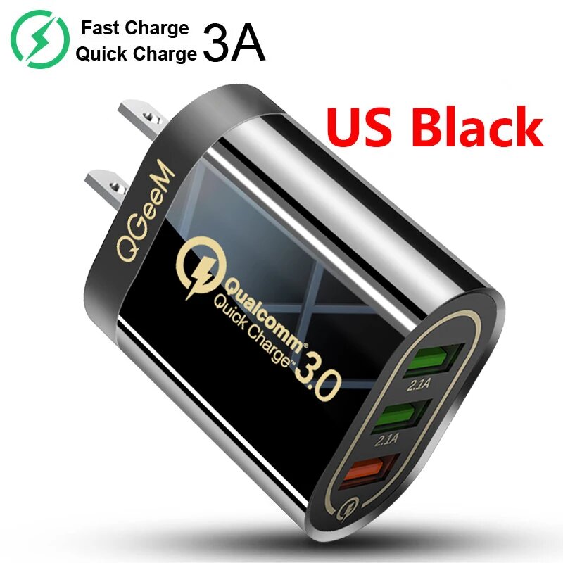 QGEEM 3-в-1 USB-зарядное устройство Quick Charge 3.0 Адаптер быстрой зарядки для iPhone US BLACK