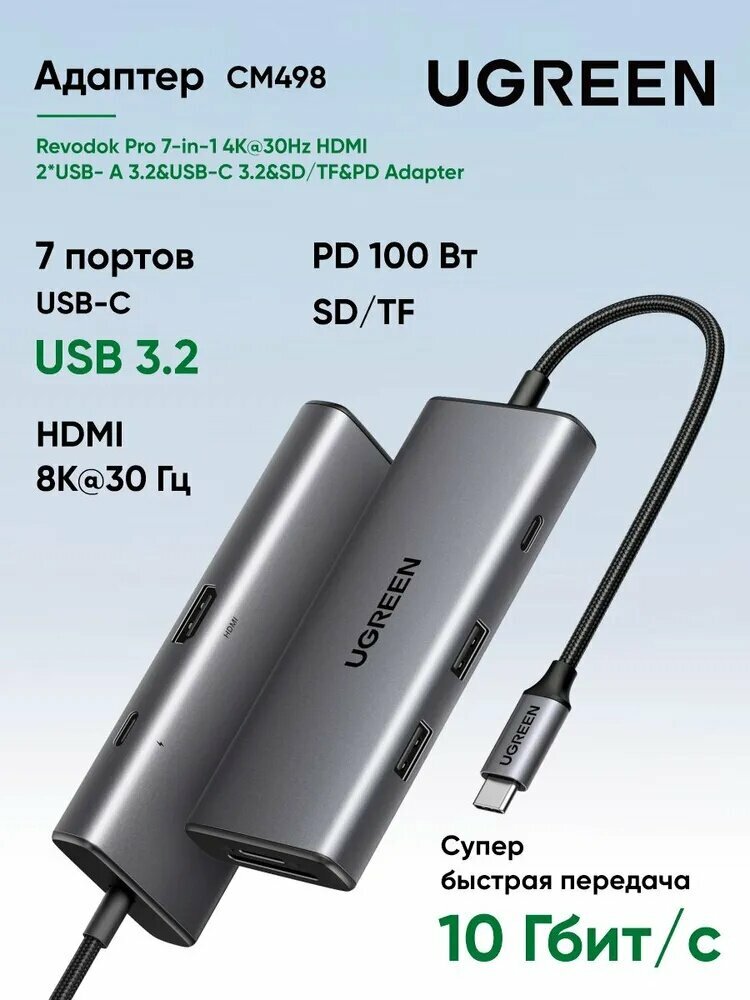 Адаптер UGREEN CM498 (15531) Revodok Pro 7-in-1 4K@30Hz HDMI&2*USB- A 3.2&USB-C 3.2&SD/TF&PD Adapter. Цвет: серый