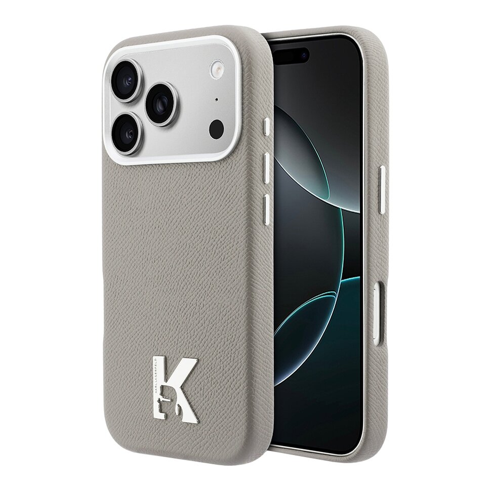Karl Lagerfeld чехол с MagSafe для iPhone 17 Pro Max, кожа PU Full Wrapped K HEAD Metal logo & Camera, серый