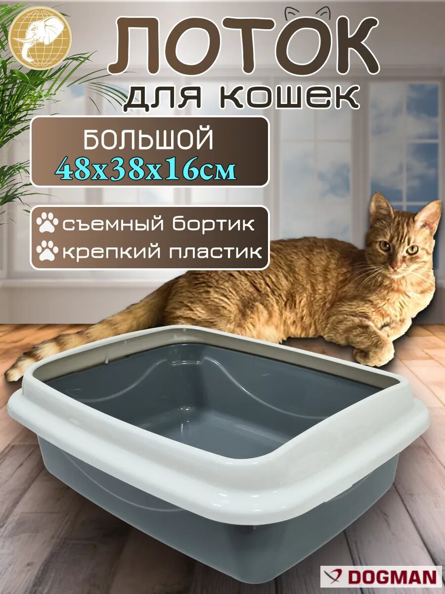 Лоток для кошек с бортиком 48х38х16см, серый