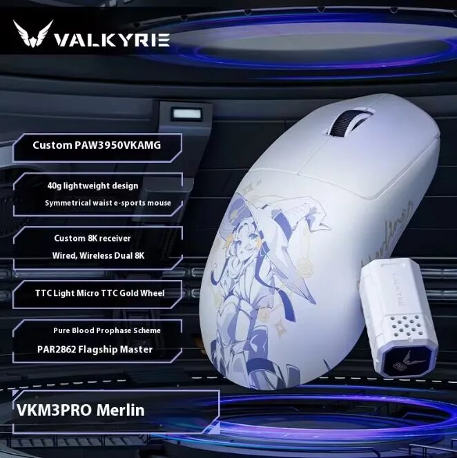Valkyrie Игровая мышь беспроводная Valkyrie VK M3 Pro MERLIN, белый, синий