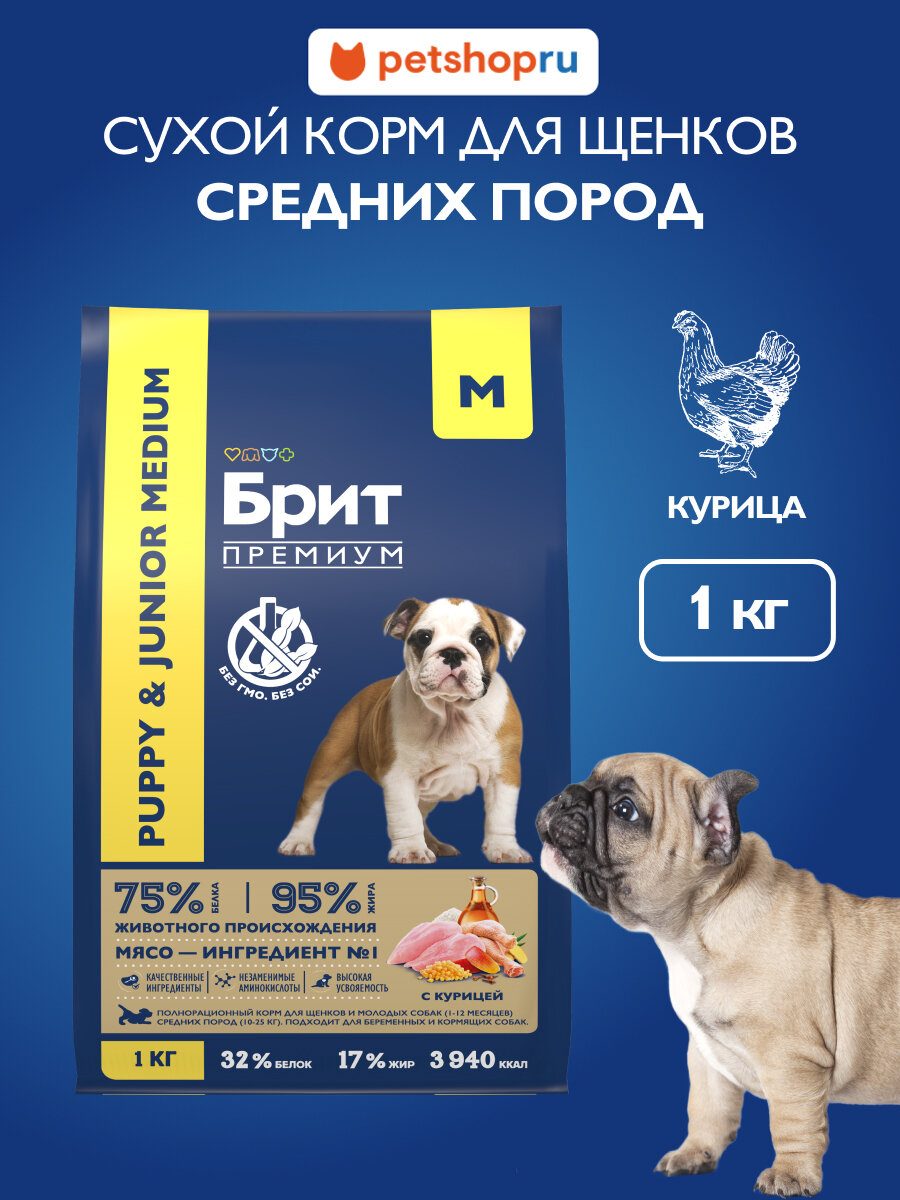 Brit Сухой корм с курицей для щенков и молодых собак, 1кг.
