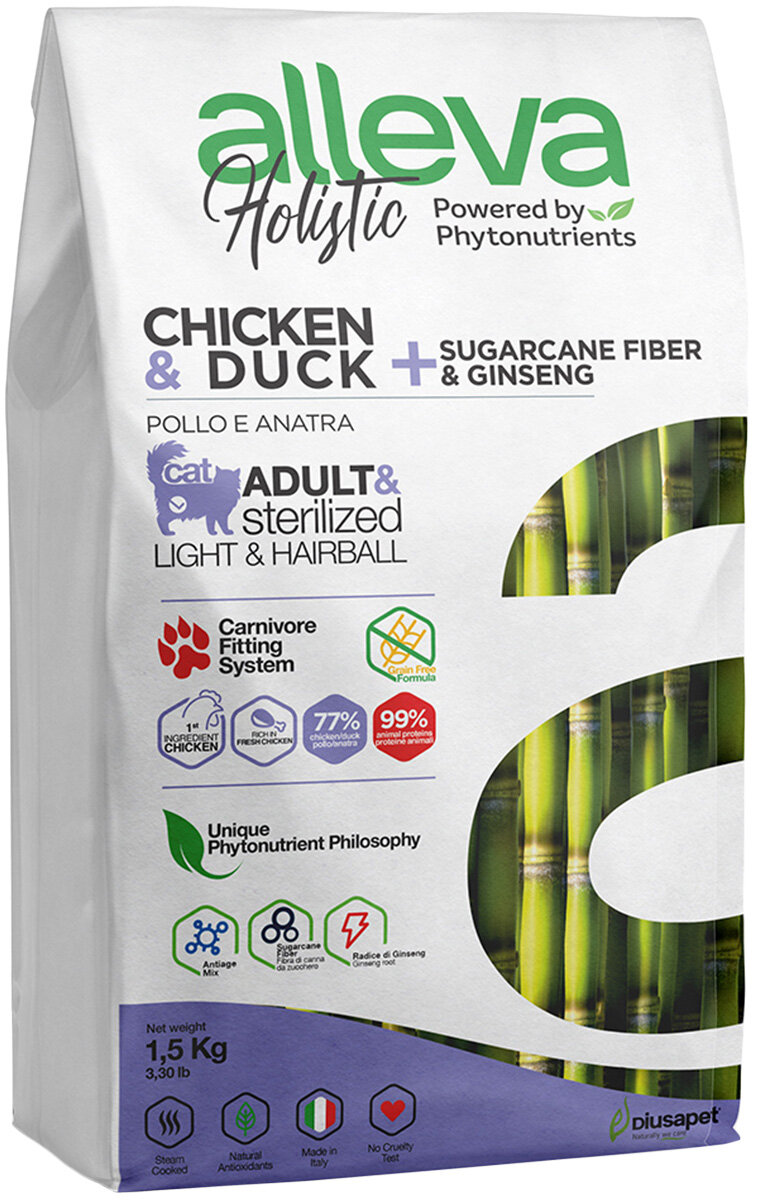Корм сухой Alleva Holistic Adult & Sterilized Cat Neutered Chicken & Duck беззерновой для взрослых кастрированных котов и стерилизованных кошек, курица, утка, волокны сахарного тростника, женьшень, 1,5 кг