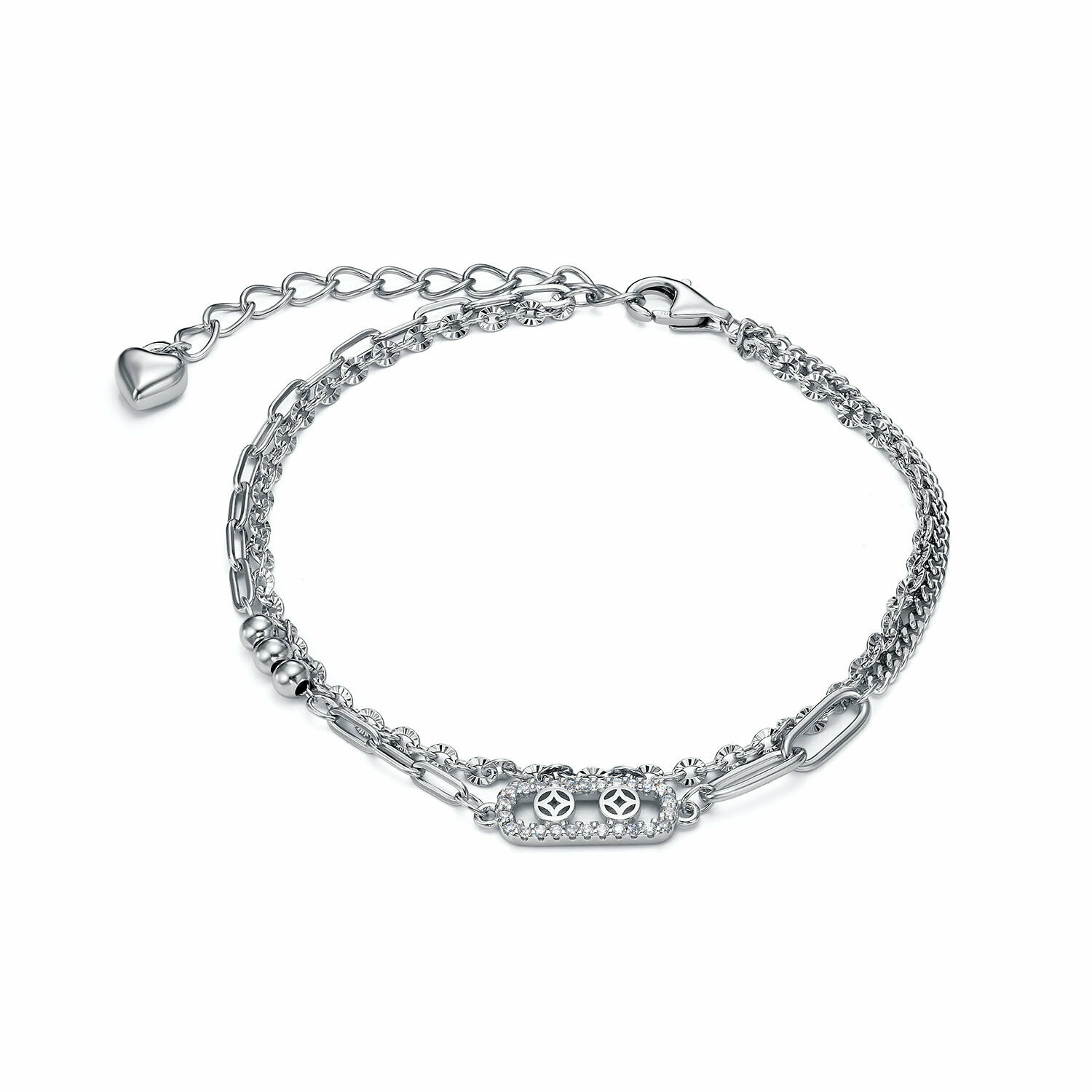 Браслет-цепочка, серебро, 925 проба, родирование, фианит