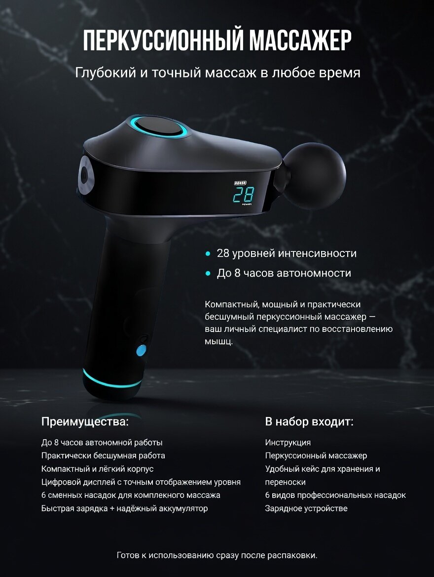 Перкуссионный массажер для тела, ног, спины, шеи, живота, плеч, поясницы, бедер /электрический массажный пистолет