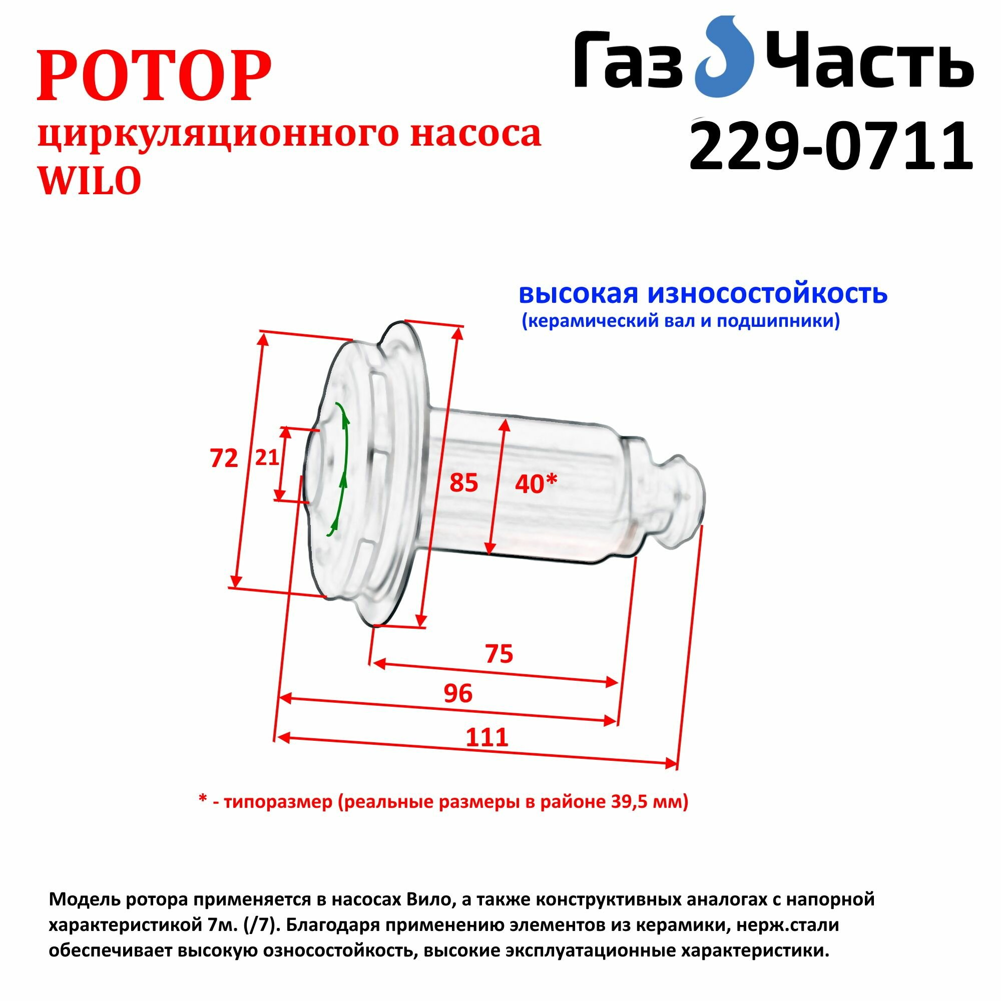 Ротор циркуляционного насоса (Wilo /7 ) 40 x 72 х 21 мм (ПО часовой) ГазЧасть 229-0711