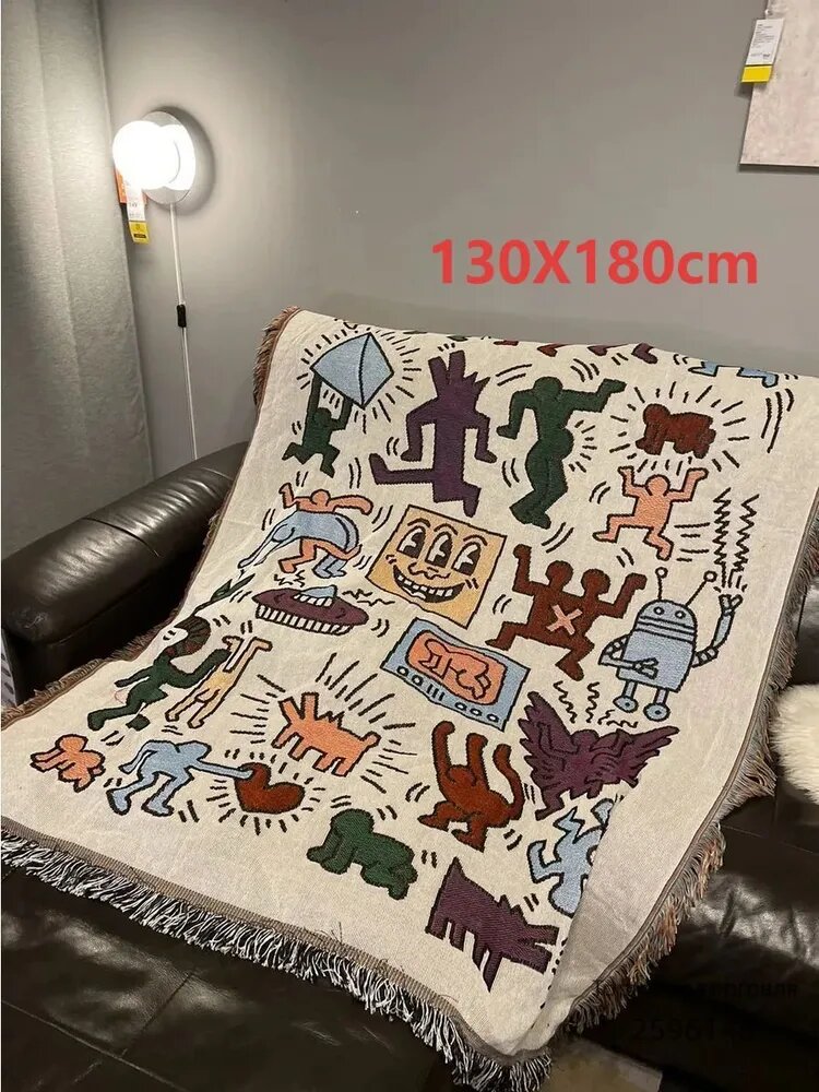 Плед пэчворк Keith Haring Поликоттон Полиэфирный шелк 130 см х 180 см с бахромой