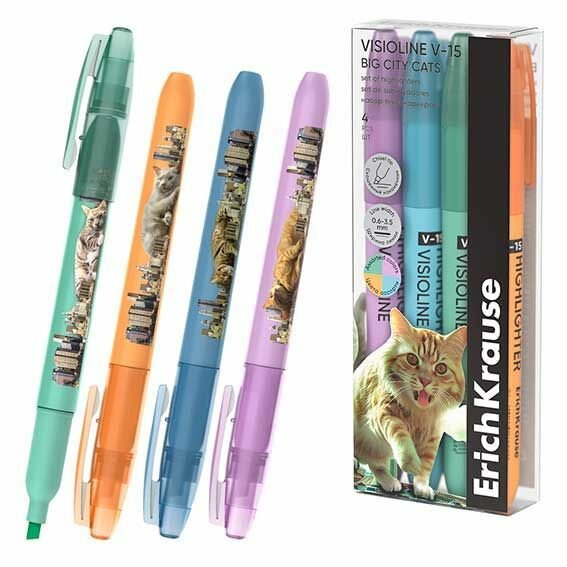 Набор текстовыделителей Erich Krause 4 цвета, Big City Cats, зеленый, оранжевый, голубой, фиолетовый