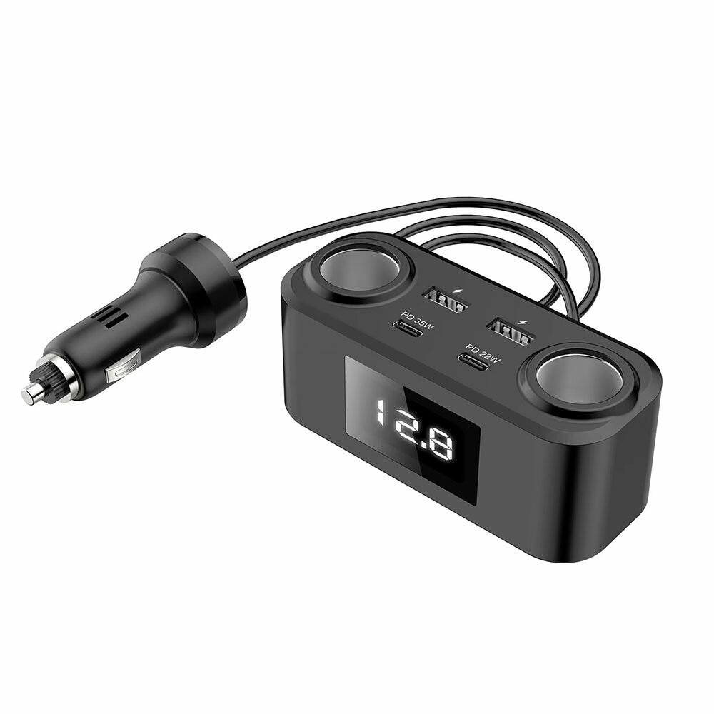 Разветвитель прикуривателя, 100Вт, 2хUSB, 2хType-C, вольтметр, разветвитель, прикуриватель автомобильный
