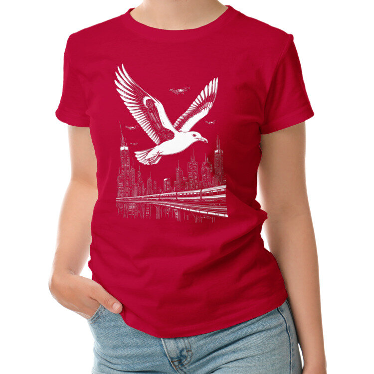 Женская футболка «Киберпанк-чайка над мегаполисом» (красный, M)