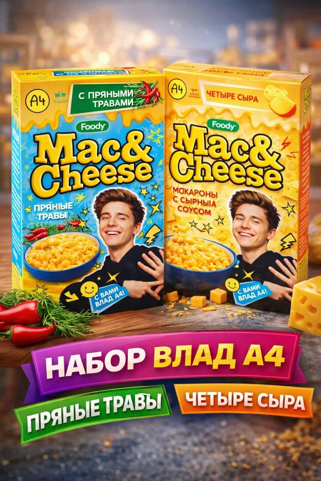 Набор 2 вкуса макарон Влад А4 Mac&Cheese Пряные травы / Четыре сыра по 143 гр.