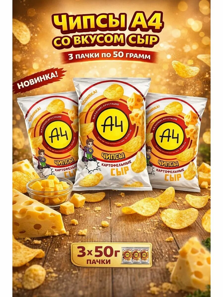 Чипсы А4 со вкусом сыр 3 пачки по 50г