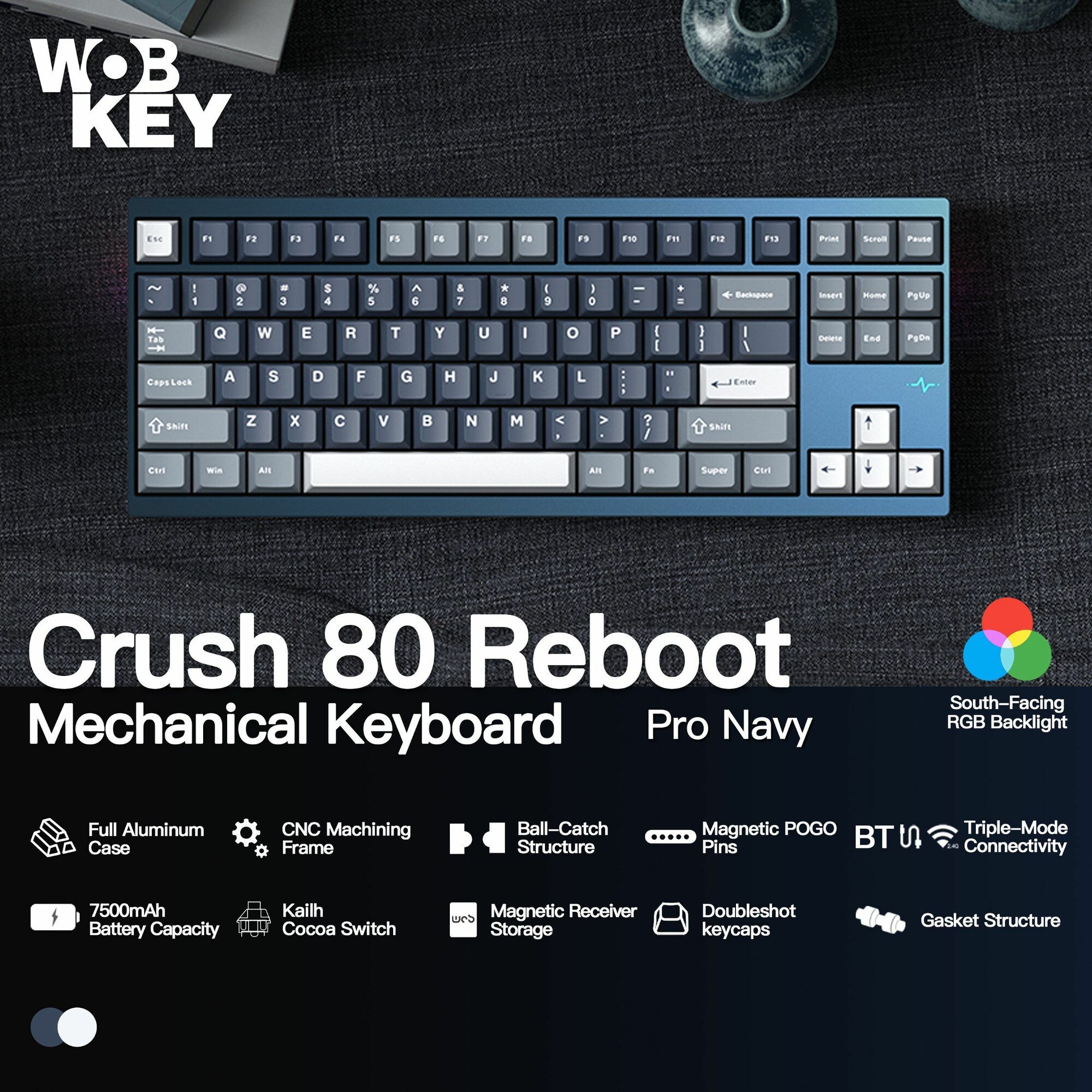 WOBKEY Клавиатура проводная WOBKEY Crush 80 Reboot, Английская раскладка, темно-синий