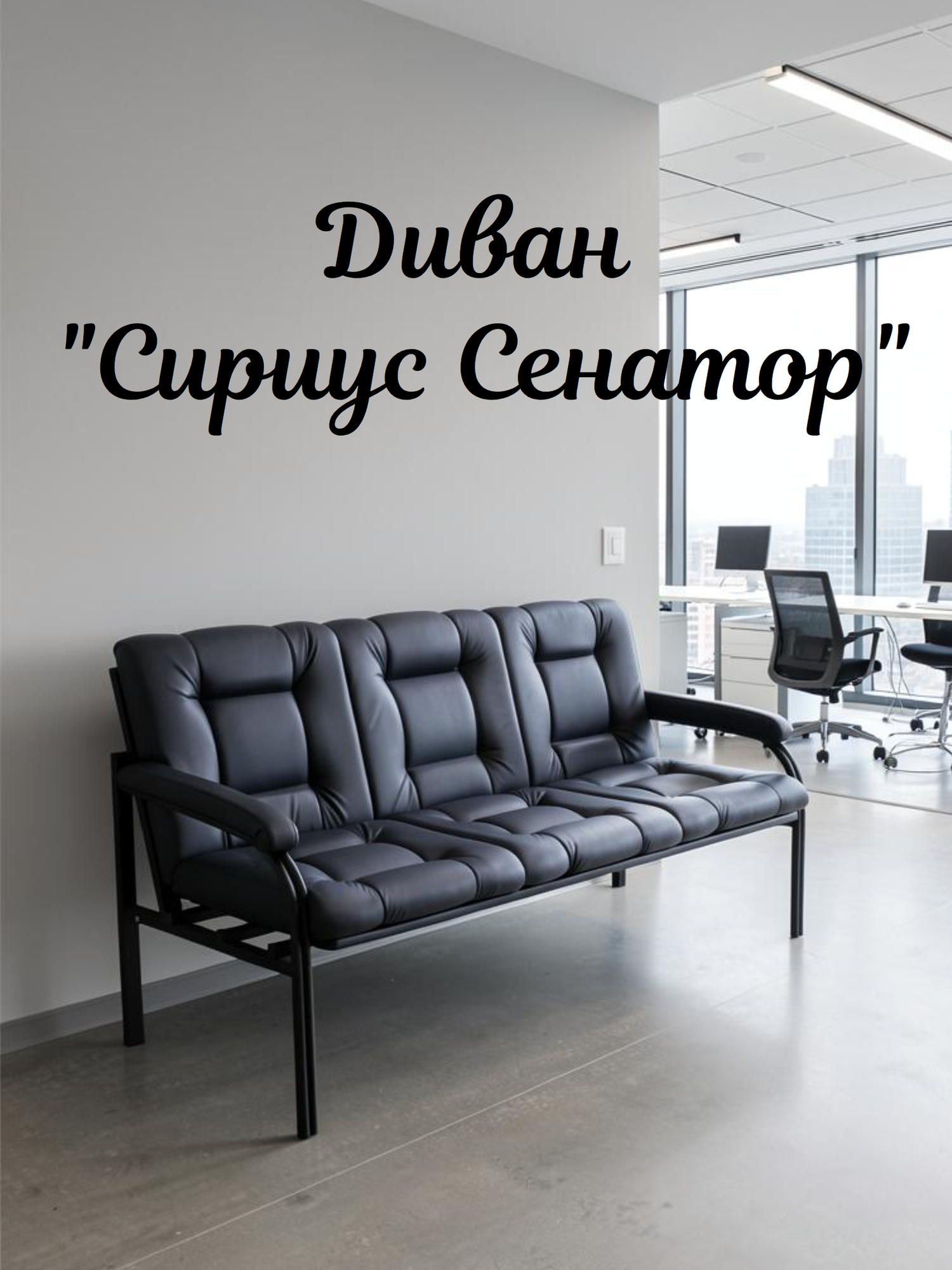 Диван офисный, "Сириус Сенатор", 3х местный, экокожа, "асфальт", стальной разборный каркас. На кухню, на дачу, в коридор.