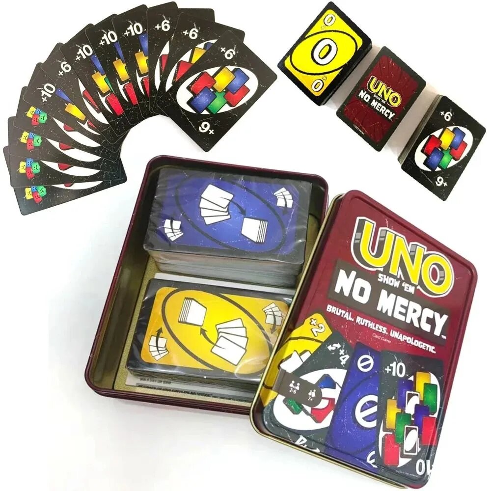 Настольная карточная игра UNO NO MERCY утолщенные карточек, упакованные в железную коробку