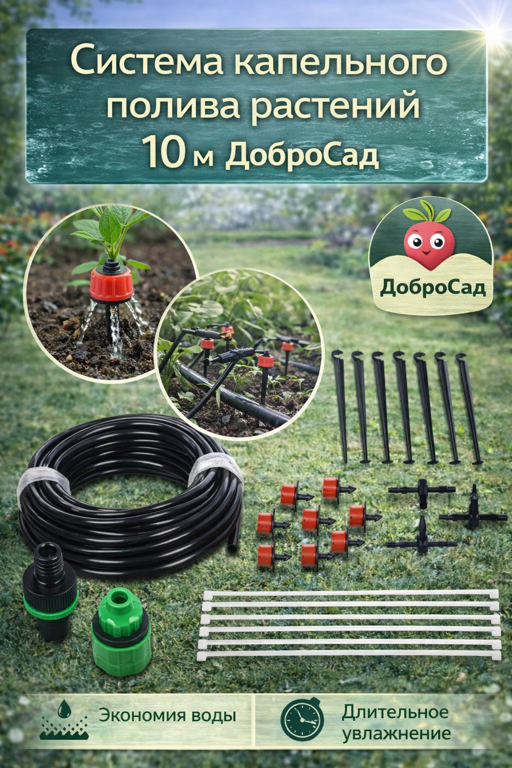 Система капельного полива растений 10 м ДоброСад, цвет черный, зеленый