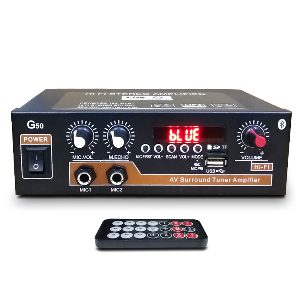 Мощный усилитель G50 20W+20W с Bluetooth 5.0, кардридером, FM, USB, функцией записи, приоритетом микрофона, ревербом для караоке, черного цвета, металл+пластик, EU/US вилка (выбор), батарейка для пульта CR2025 3V 50mAh, частота 50-60Hz, SNR 92dB,