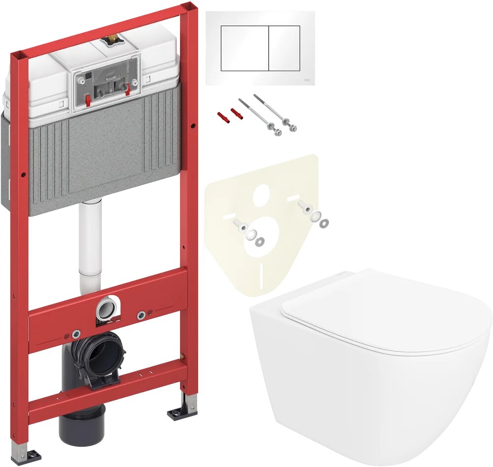 Комплект 5 в 1 Унитаз подвесной STWORKI Готланд S13401WH, безободковый, с микролифтом, глянцевый белый, антивсплеск / Инсталляция с кнопкой TECE Base 9400413 цвет белый / Комплект шумоизоляции