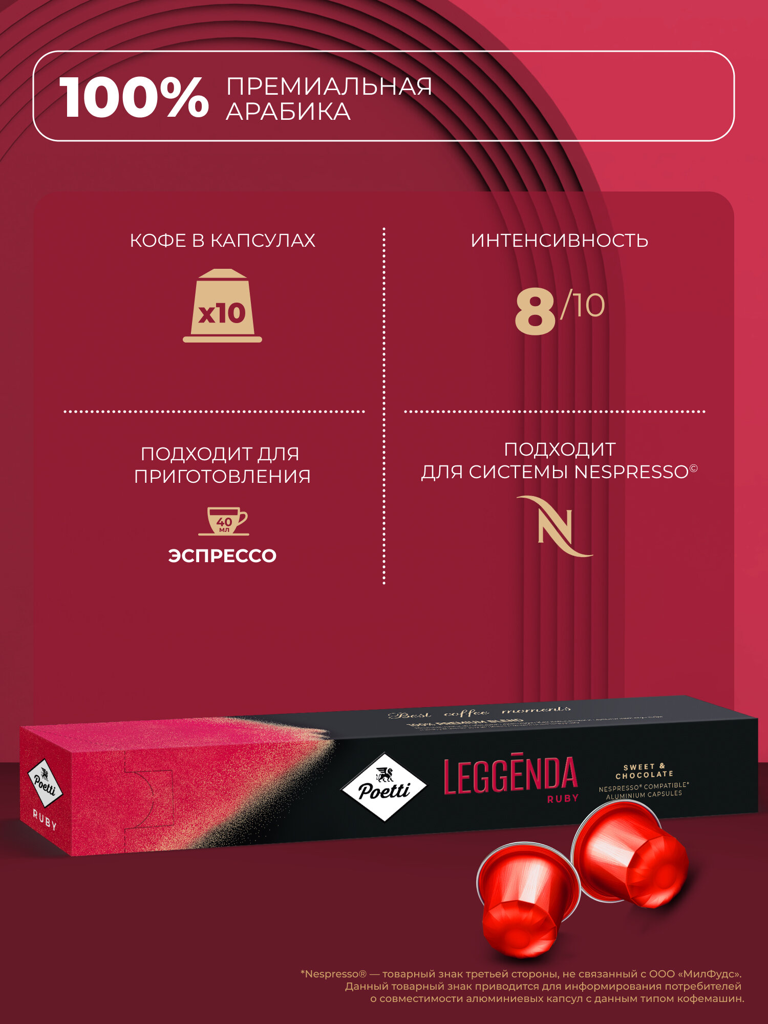Кофе в капсулах Poetti "Leggenda Ruby", средняя обжарка, для Nespresso, 10 капсул
