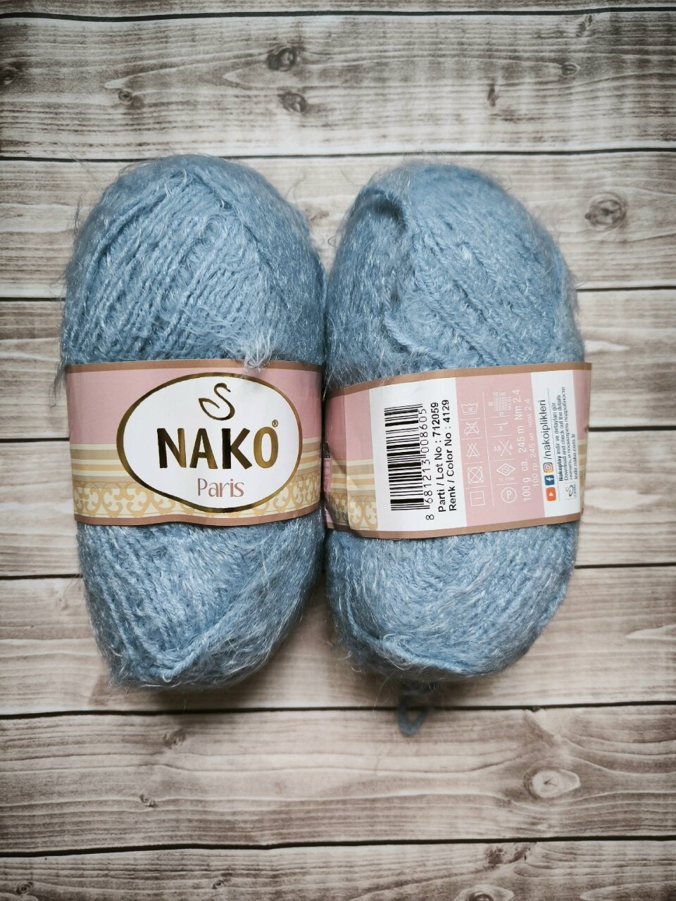 Пряжа Nako Paris, цвет 4129 голубой, набор 2 мотка, вес мотка 100 гр, длина нити 245 м (Нако Париж)