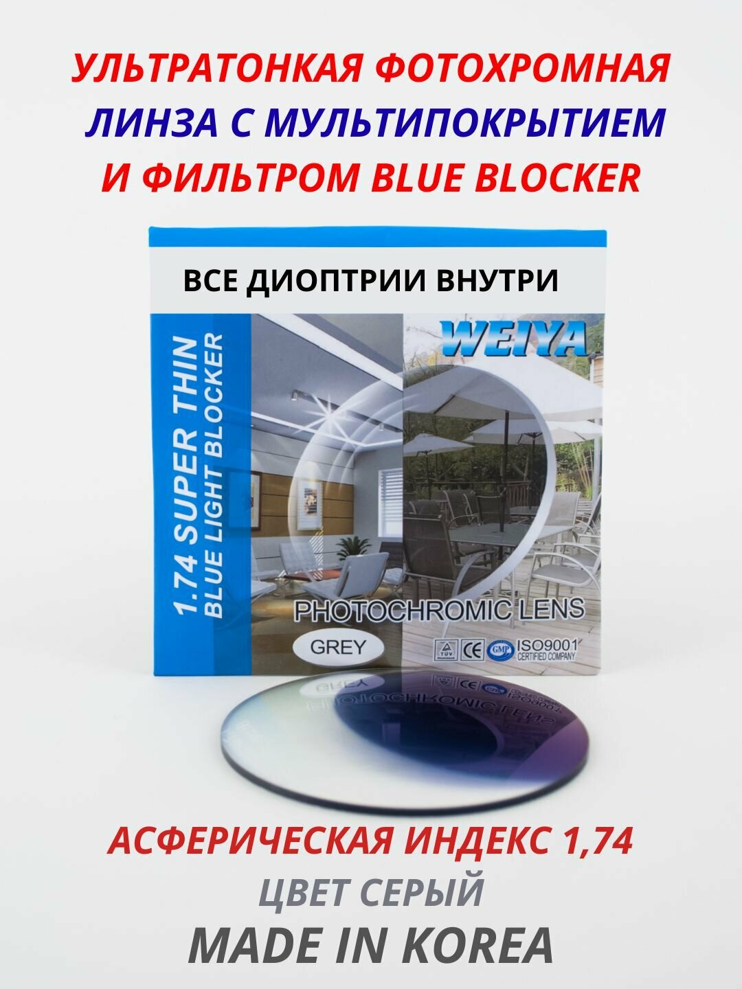 Линза для очков, сфера -4.50 BLUE BLOCKER Фотохромная, цвет Серый, Индекс 1.74