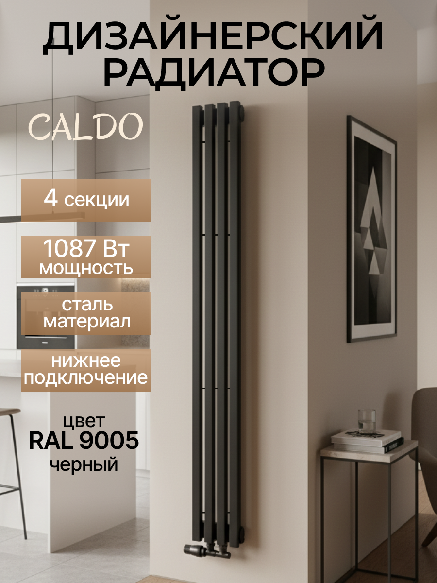 Радиатор отопления РадиаТерм CALDO, сталь, настенный, чёрный, RAL 9005, 190 см