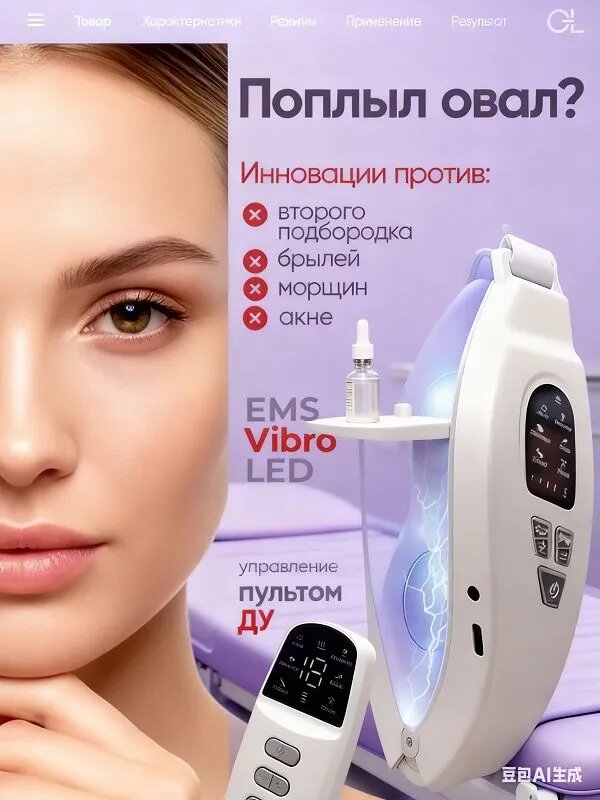 EMS массажер для лица 3 в 1, вибромассаж, микротоки, LED-терапия, пульт ДУ, против морщин и второго подбородка