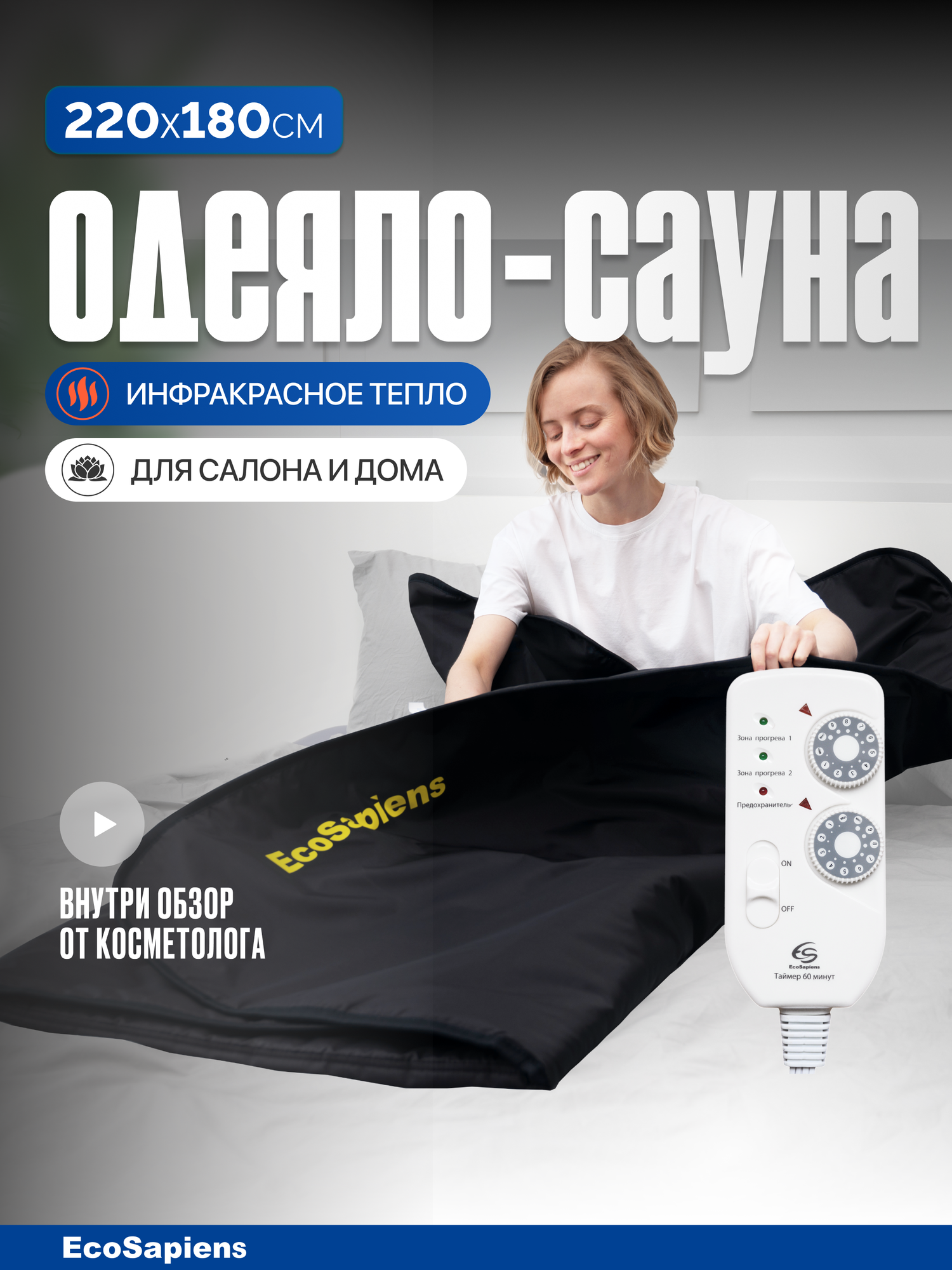 Одеяло для обертывания с ИК прогревом Infrasauna, косметологическое термоодеяло 220*180, 9 режимов, 2 зоны нагрева