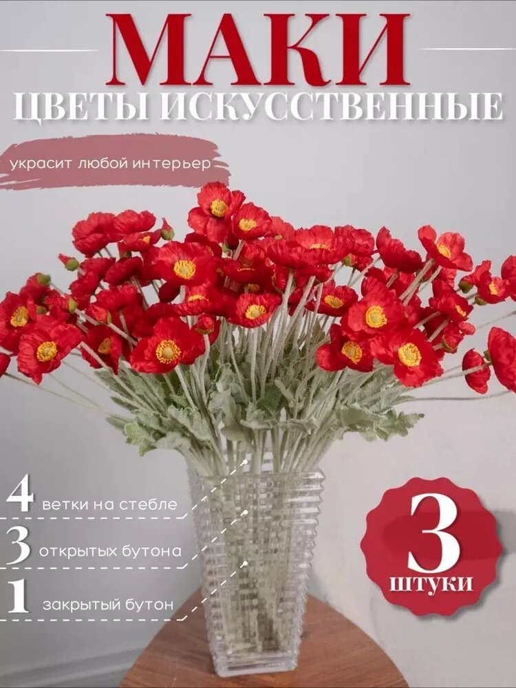 Стабилизированные цветы Мак, 3 шт