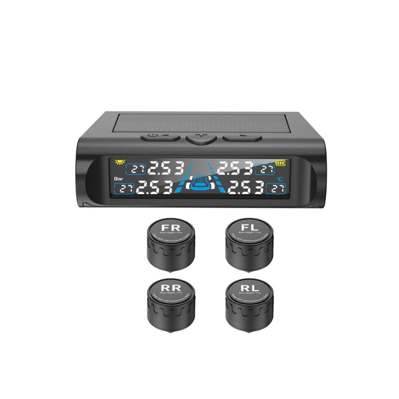 Универсальная система контроля давления и температуры в автомобильных шинах на солнечных батареях с 4 Внешними Датчиками для обеспечения безопасности автомобиля