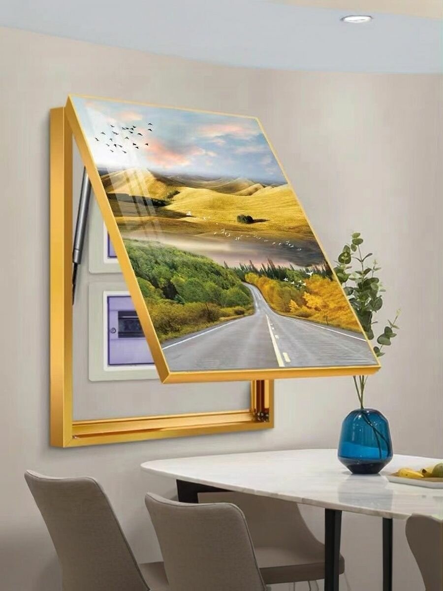 Декоративная картина для электрощита 50x60 см с гидравлической петлей и алюминиевой рамой (Золото/Черный) - Скрывает электрощит 40x50 см, без сверления, водонепроницаемая, для гостиной